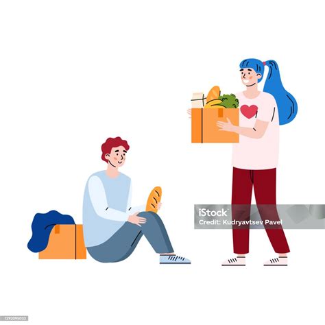 여성 자원 봉사자는 노숙자 가난한 남자에게 벡터 일러스트레이션을 기부합니다 Charitable Foundation에 대한 스톡