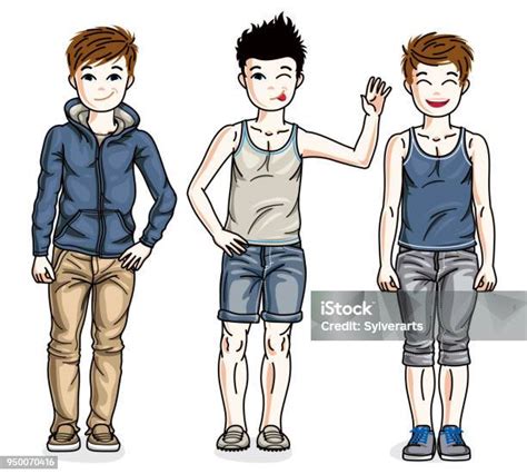 작은 소년 귀여운 어린이 세련 된 캐주얼 옷에 서 벡터는 일러스트 세트 아이 감정에 대한 스톡 벡터 아트 및 기타 이미지 감정 귀여운 긍정적인 감정 표현 Istock