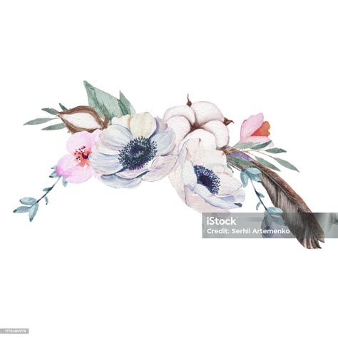 수채화 모란 면 야생 화 꽃다발 예술적 잎 꽃과 가지 조합 손으로 그린 식물 그림 흰색 배경에 고립 된 꽃 Posy 가을에 대한 스톡 벡터 아트 및 기타 이미지 Istock