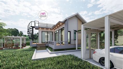 แบบบ้านสวนสไตล์โมเดิร์นทรงตัวแอล L Shape House พร้อมดาดฟ้า 2 ห้องนอน 1 ห้องน้ำ พื้นที่ 75