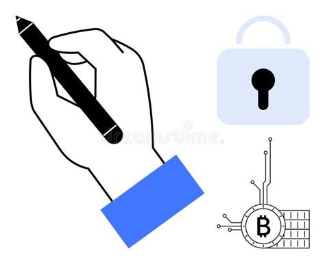 Hand Drawing Pen Block Security Icon Technology And Blockchain Connection Stock Illustration