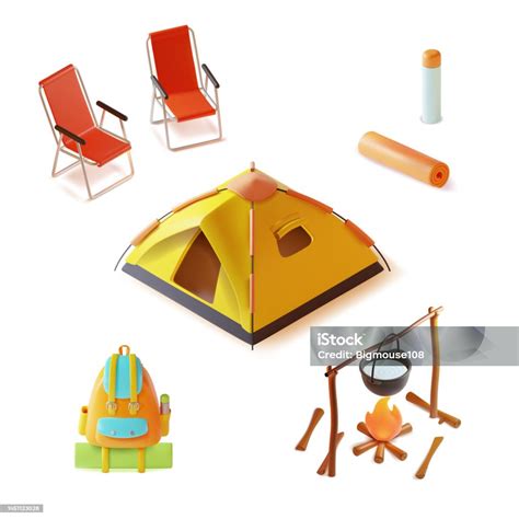 3d 이동 캠핑 개념 요소 플라스틱 만화 스타일 벡터 3차원 형태에 대한 스톡 벡터 아트 및 기타 이미지 3차원 형태 캠핑 가구 Istock