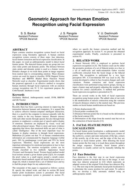 PDF Geometric Approach For Human Emotion Recognition Using Facial
