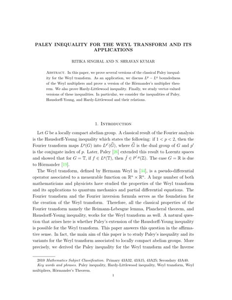 Pdf Paley Inequality For The Weyl Transform And Its Applications