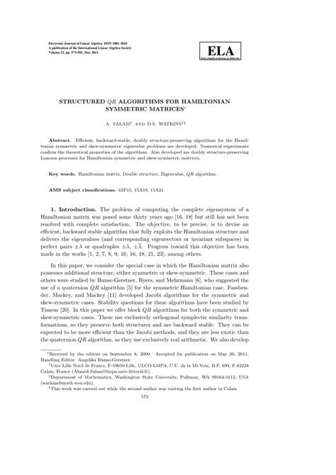 Pdf Structured Qr Algorithms For Hamiltonian Symmetric Matrices