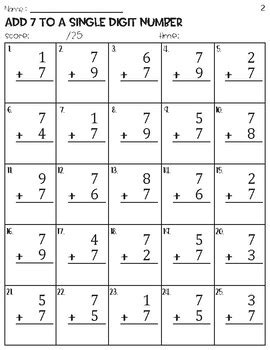 Adding 7 To A Single Digit Number Worksheets By Owl Babe Studio