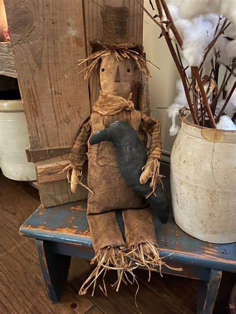 primitive rag stuffed scarecrow with crow etsy uk in 2024 easy
