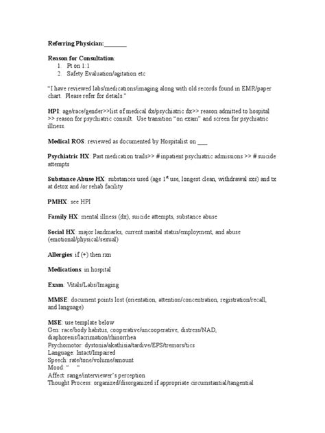 Initial Consult Note Template Initial Consult Note Template