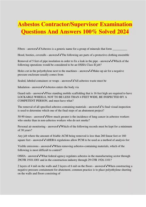 Asbestos Contractor Supervisor Examination Questions And Answers 100 Solved 2024 Asbestos