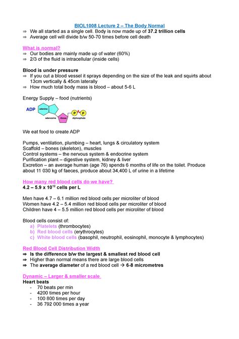 All Biol1008 Notes Biol1008 Lecture 2 The Body Normal We All