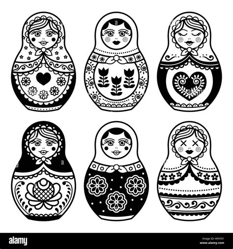 Matryoshka Russian Doll Colorful Icons Set On Black Stock Vector Image And Art Alamy