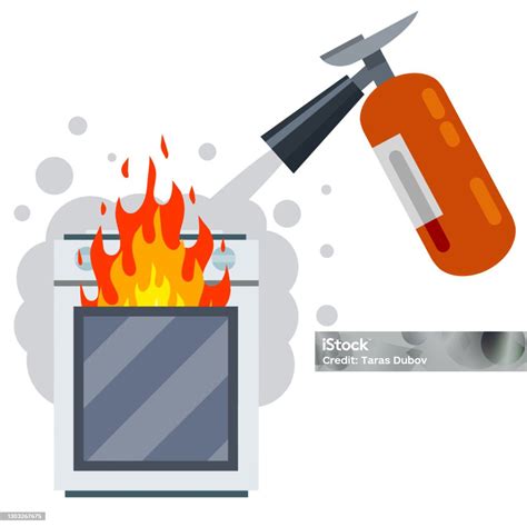 소방 소방관의 직업 빨간 소화기 요리의 위험과 문제 깨진 가전 제품 스토브 부엌에 대한 스톡 벡터 아트 및 기타 이미지 부엌