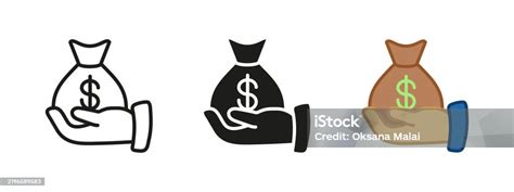 달러 아이콘이 있는 돈 가방을 들고 있는 손 임대 및 부패 상징 사업가 급여 또는 수입 기호 은행 대출 및 투자 벡터 일러스트레이션 인간의 손 그림이 있는 돈 자루 가방에
