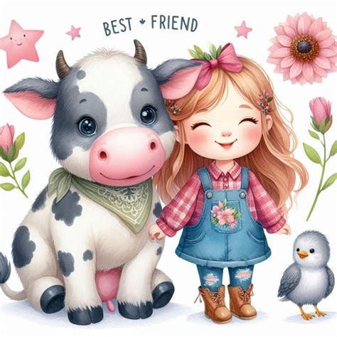 Cute Cow And Girl Clipart Bundle 12  High Res Watercolor Western