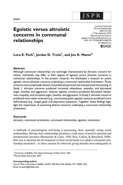 pdf egoistic versus altruistic concerns in communal relationships