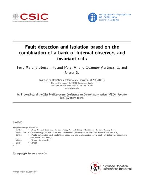 Pdf Fault Detection And Isolation Based On The Combination Of A Bank