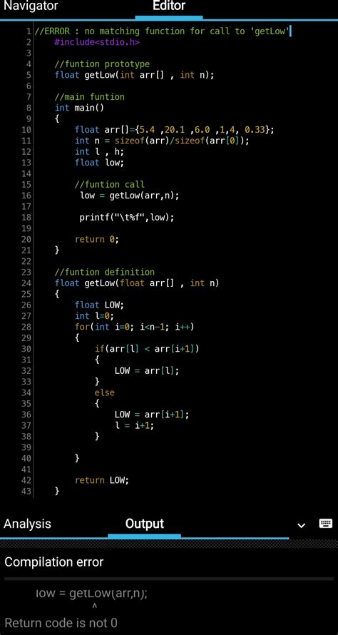 when i am defining funtion getlow before main it works fine but