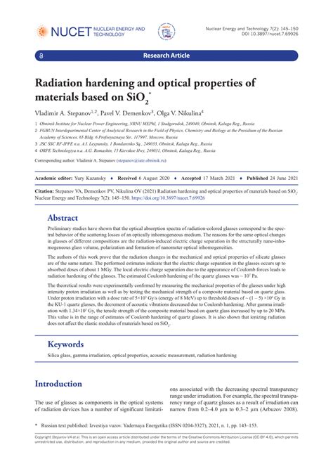 Pdf Radiation Hardening And Optical Properties Of Materials Based On Sio2
