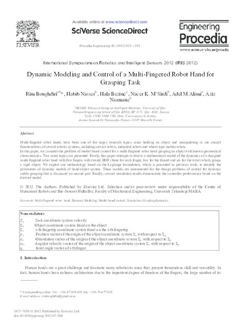 Pdf Dynamic Modeling And Control Of A Multi Fingered Robot Hand For Grasping Task