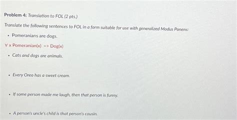 Solved Problem Translation To FOL Pts Translate The Chegg Com