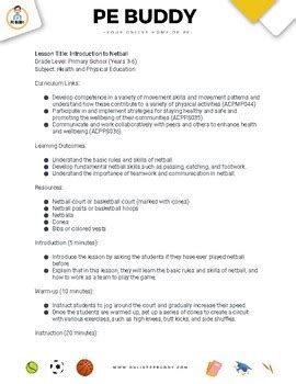 Lesson Plan Netball By PE Buddy TPT