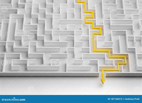 Concept Solving A Complex Problem White Maze With Yellow Solution Path With Arrow Royalty