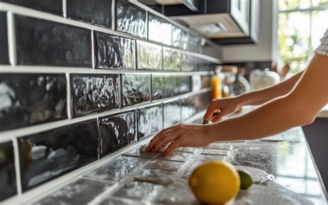 Person Tiling A Backsplash In The Kitchen Premium Ai Generated Image