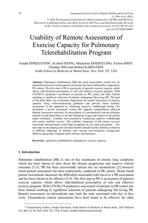 Pdf Usability Of Remote Assessment Of Exercise Capacity For Pulmonary Telerehabilitation Program