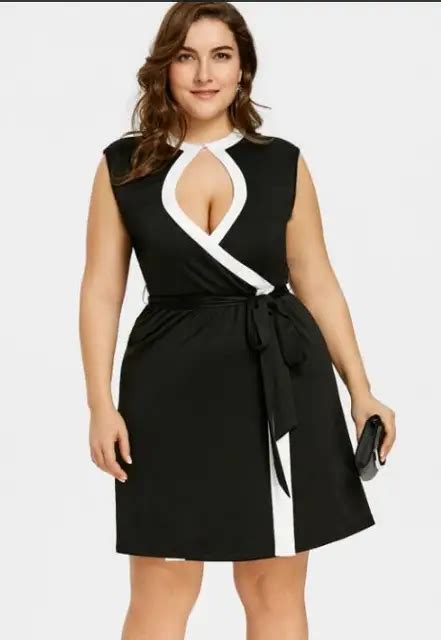 4xl Plus Size Contrast Trim Keyhole Neck Dress Sexy Black Club Party