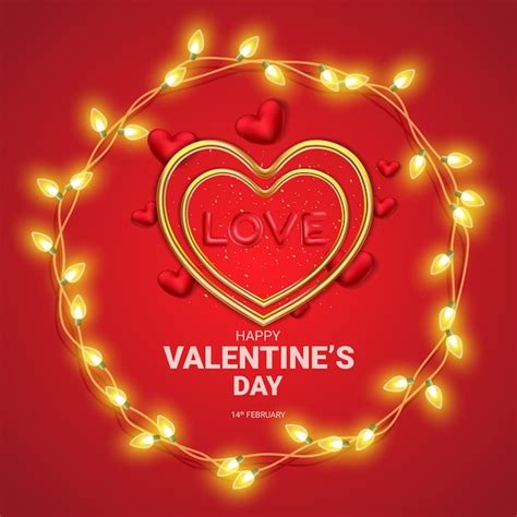 전구 및 3d 심장 모양 벡터와 해피 발렌타인 데이 개념 프리미엄 벡터