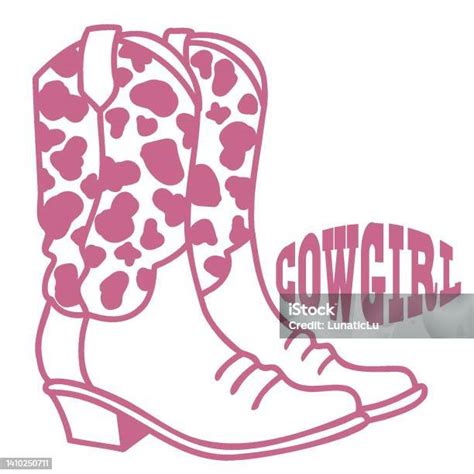 카우걸 부츠 벡터 일러스트레이션 벡터 웨스턴 카우보이 핑크 부츠와 흰색에 고립 된 암소 장식 개척시대의 서부에 대한 스톡 벡터 아트 및 기타 이미지 Istock