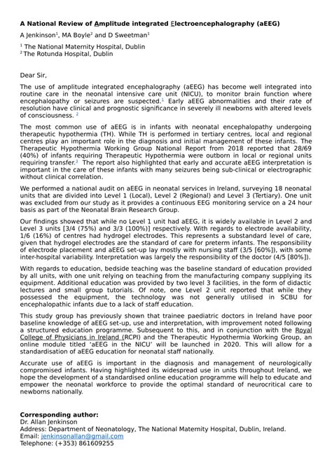 Pdf A National Review Of Amplitude Integrated Electroencephalography Aeeg