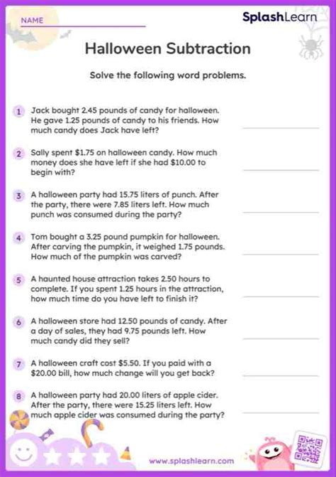 Subtract Decimal Numbers With 2 Decimal Place Halloween Word Problems Worksheet
