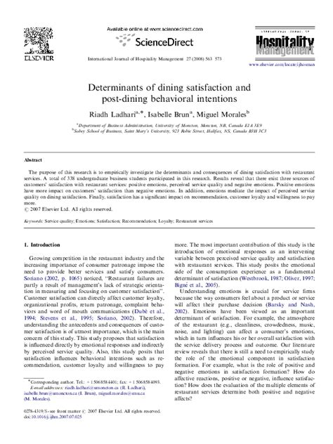 Pdf Determinants Of Dining Satisfaction And Post Dining Behavioral Intentions