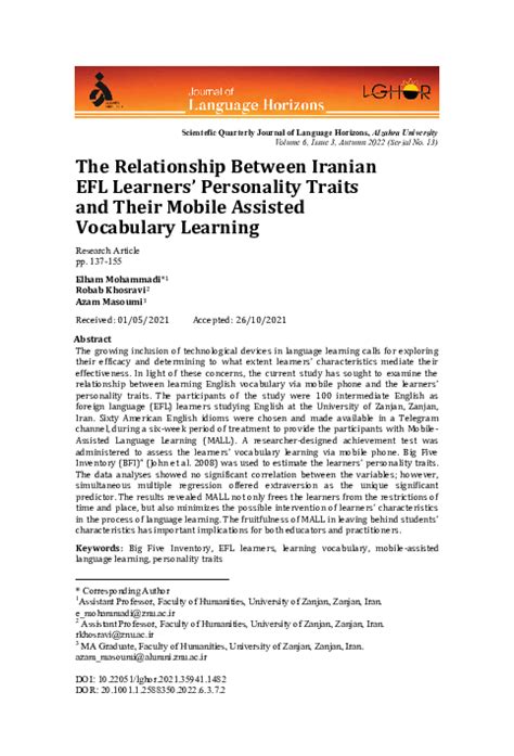 Pdf The Relationship Between Iranian Efl Learners Personality Traits