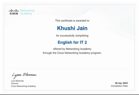 Certificateearned Cisconetworkingacademy Englishforit… Khushi Jain
