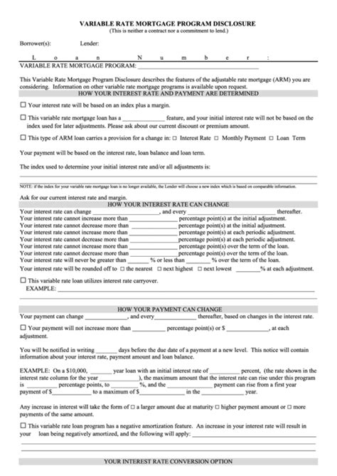 Variable Rate Mortgage Program Disclosure Form Printable Pdf Download