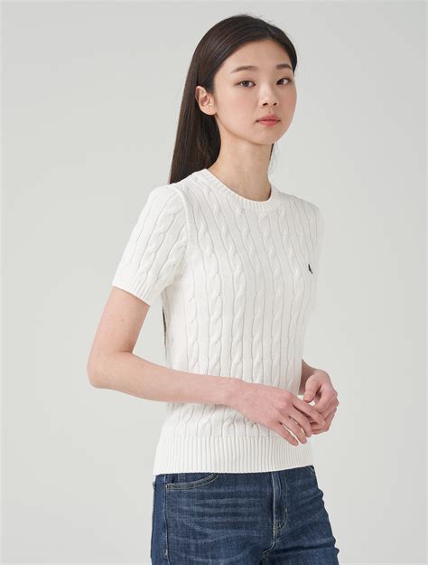 빈폴 레이디스 Essential 코튼 케이블 라운드넥 반소매 니트 아이보리 위시버킷