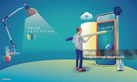 전화 모바일 웹 사이트 배경에 전 세계적으로 학습 온라인 교육 응용 프로그램 사회적 거리 컨셉 북 강의 연필 교실 교육 과정