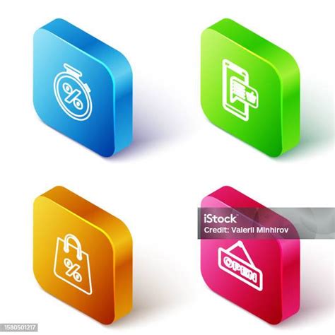 아이소메트릭 라인 스톱워치 및 퍼센트 모바일 장바구니 쇼핑백 및 교수형 기호 설정 문 열기 아이콘 벡터 3차원 형태에 대한 스톡 벡터 아트 및 기타 이미지 Istock