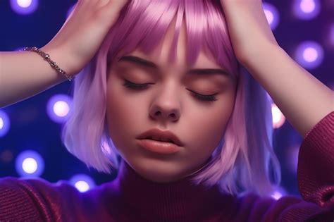Premium Ai Image A Girl With Purple Hair And Purple Hair Holds Her Head In Her Hands