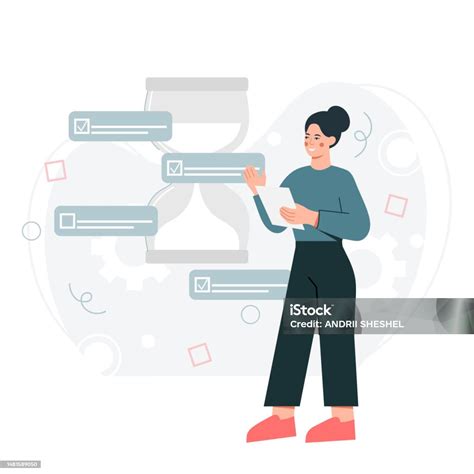 시간 관리 전략을 개발하는 웃는 젊은 여성의 만화 캐릭터 개념에 대한 스톡 벡터 아트 및 기타 이미지 개념 개발 공연 Istock