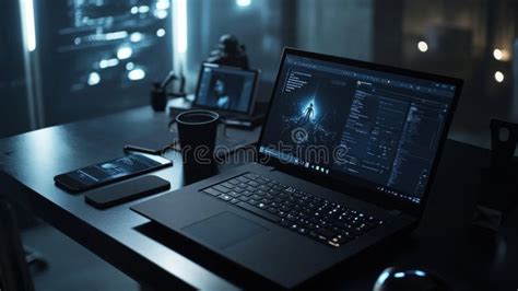 Modern Workspace With Laptop And Technology In Dimly Lit Room Stock Image Image Of Ambient