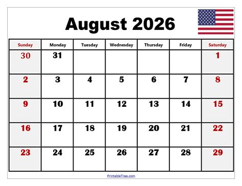 Calendar August 2026 Printable