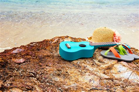 여자의 액세서리와 바위에 누워 해변에 대 한 텍스트를 위한 장소 공간에 복사 합니다 우쿨렐레에 대한 스톡 사진 및 기타 이미지 우쿨렐레 해변 0명 Istock