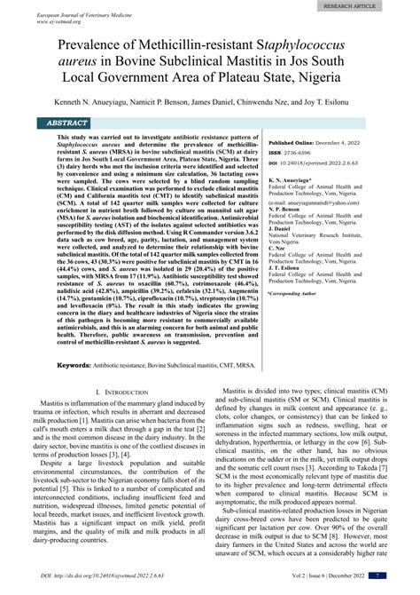 Pdf Prevalence Of Methicillin Resistant Staphylococcus Aureus In Bovine Subclinical Mastitis