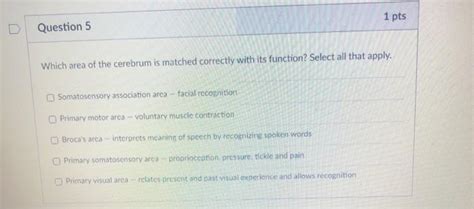 Solved 1 Pts Question 5 Which Area Of The Cerebrum Is