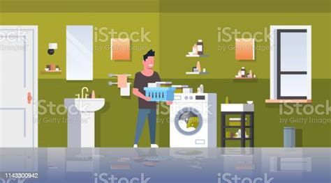 남자 옷 바구니 서 세탁기 근처에 서 있는 사람 가사 세탁실 현대 욕실 인테리어 남성 만화 캐릭터 전체 길이 평면 수평 빨래에 대한 스톡 벡터 아트 및 기타 이미지 Istock