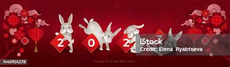 토끼의 구정 2023년 표지판 아시아 구름 꽃 등불이 빨간색 배경에 있는 다양한 포즈의 귀여운 토끼가 있는 포스터 인사말 카드 초대장 벡터 그림입니다 토끼에 대한 스톡 벡터