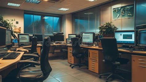 Interior Of A Modern Office With Computers And Monitors Nobody Inside Generative Ai